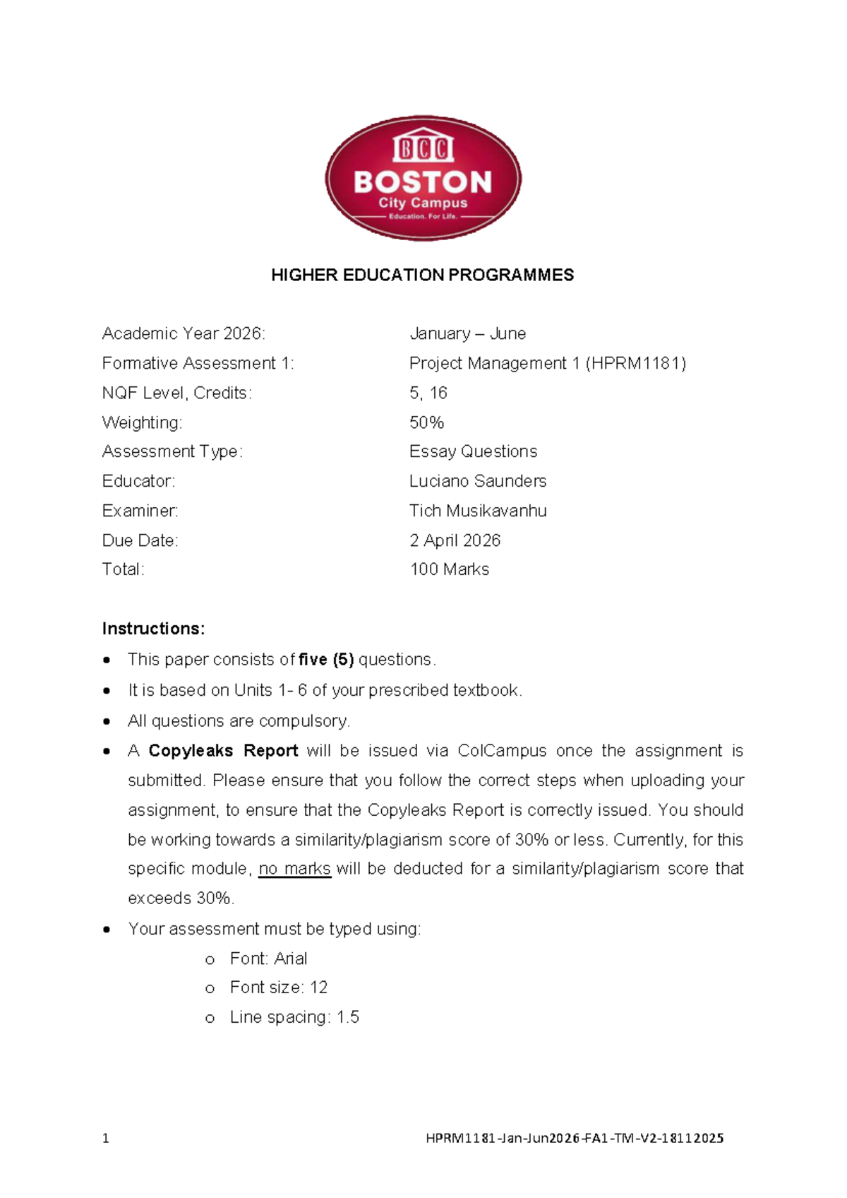 HPRM1181 - Formative Assessment 1: Project Management Essay - Studocu