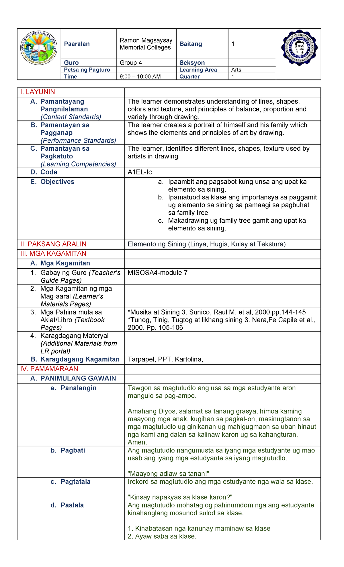 Arts Lesson Plan for Grade 1 by Group 4 - Studocu