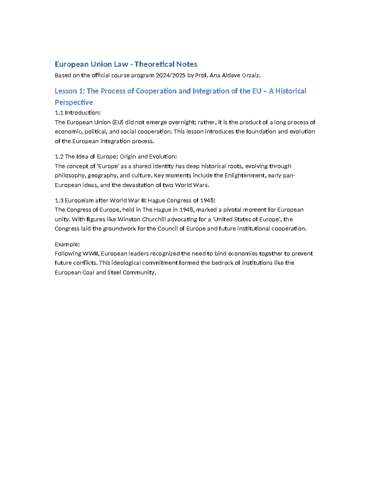 EU Law Theoretical Notes (Course Code) - Lesson 1: EU Cooperation ...