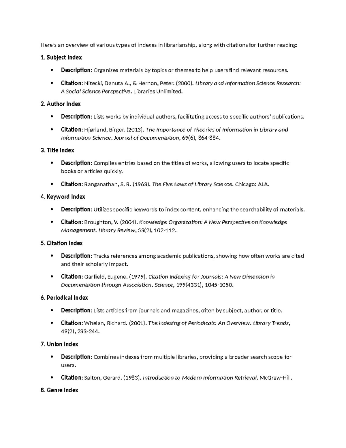 Types of indexes - Citation: Nitecki, Danuta A., & Hernon, Peter. (2000 ...