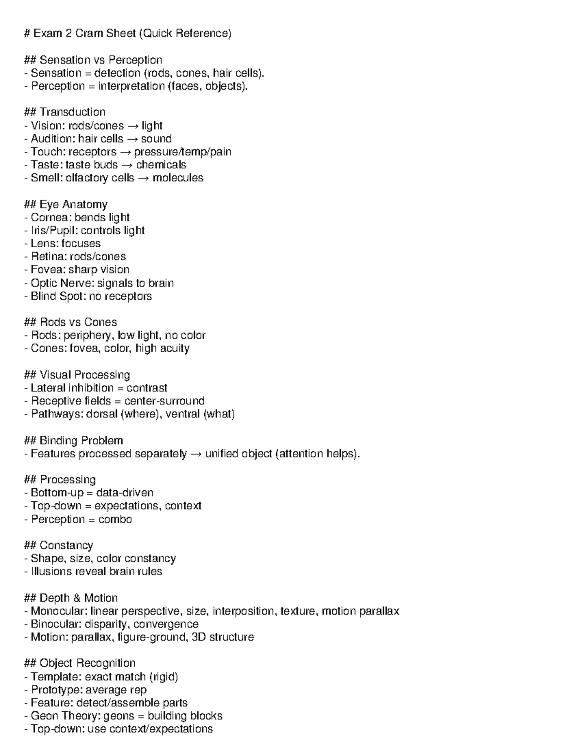 Psychology 101 Final Exam Cram Sheet: Sensation vs Perception - Studocu