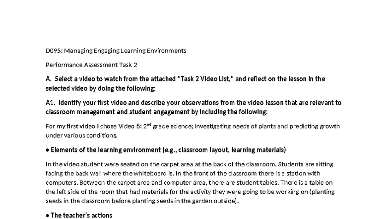 D095: Performance Assessment Task 2 - Classroom Management & Engagement ...