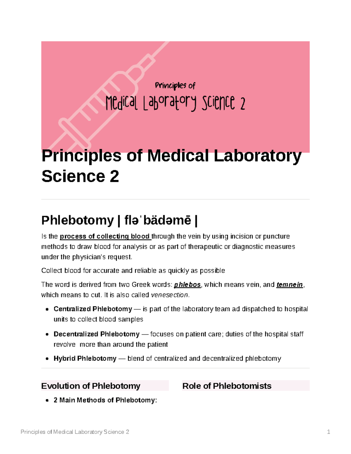 PMLS 2 - Phlebotomy Lecture Notes and Key Concepts - Studocu