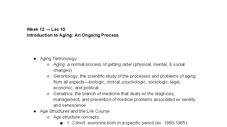 HLAT02 Week 12 Lec 10: Understanding Aging as a Social Process - Studocu