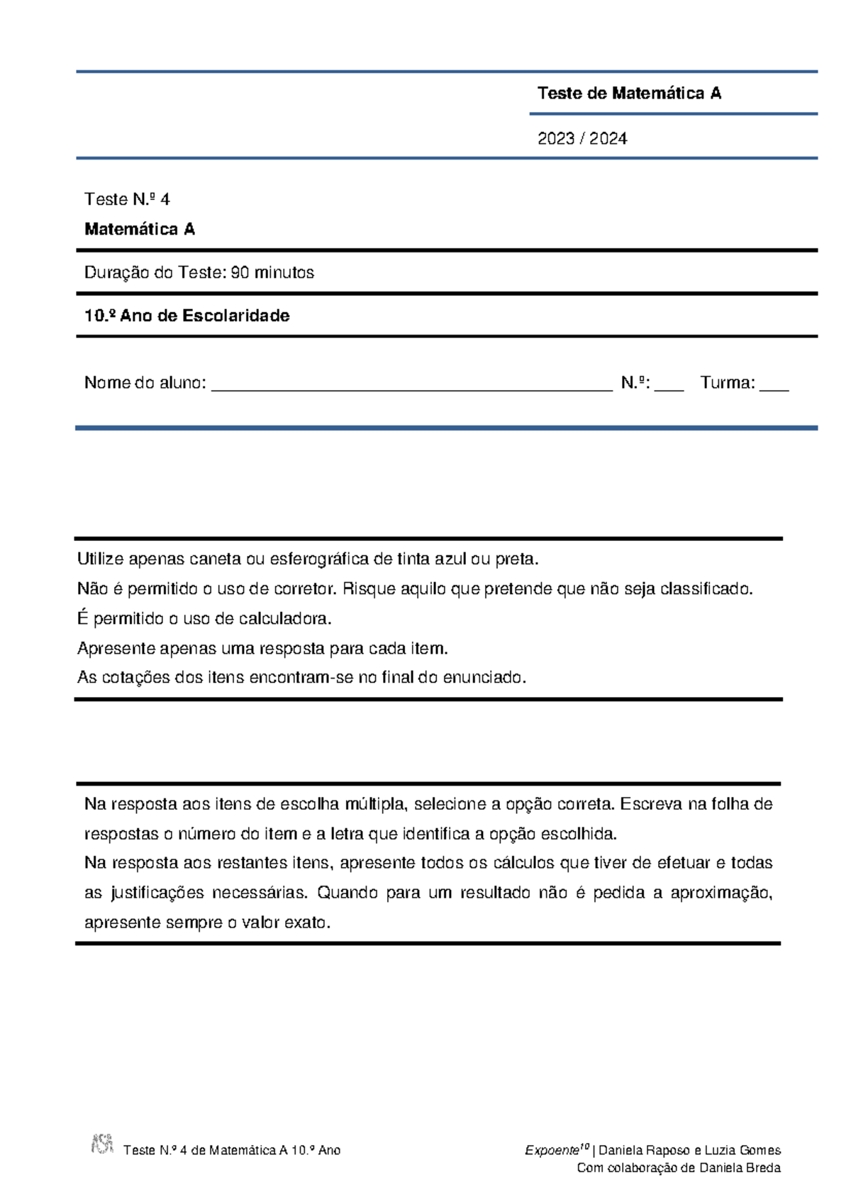 Teste 4 10 Matematica (2023-2024) - Teste N.º 4 de Matemática A 10.º ...