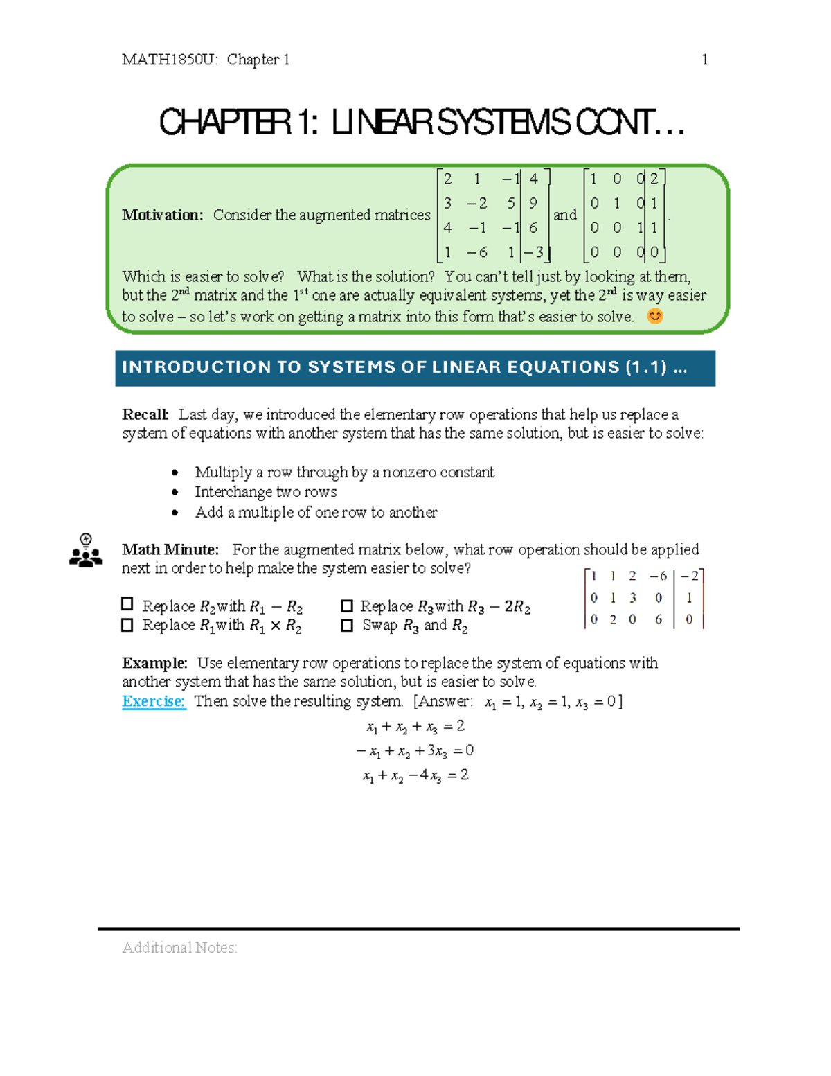MATH1850U: Chapter 1 - Introduction to Linear Systems and Gaussian Elimination - Studocu