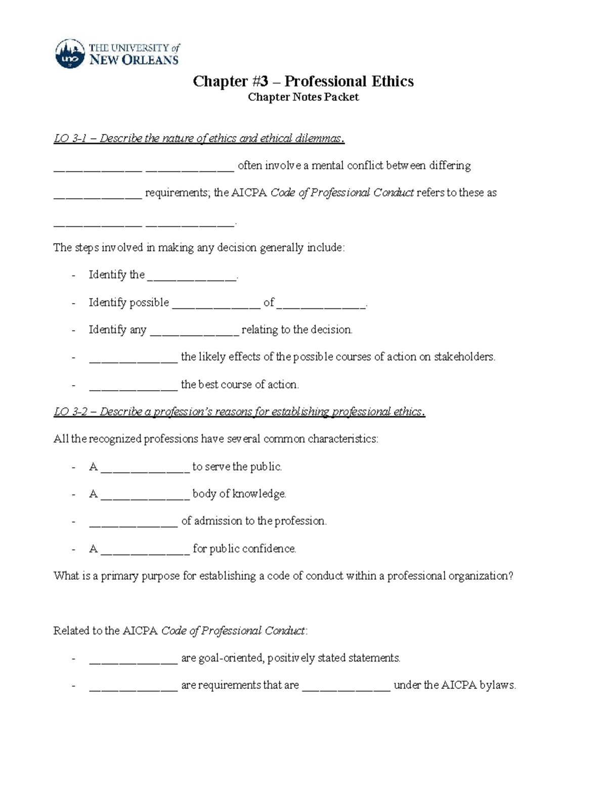 Chapter #3 - Student Notes - Chapter #3 – Professional Ethics Chapter ...