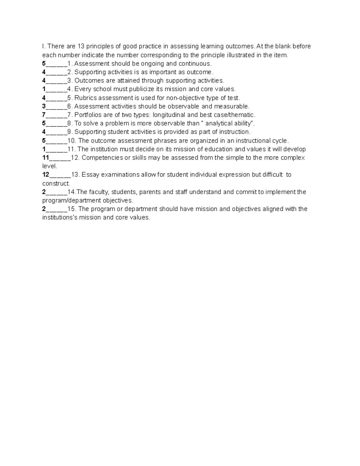 Principles of Good Practice in Assessing Learning Outcomes (Activity 1 ...