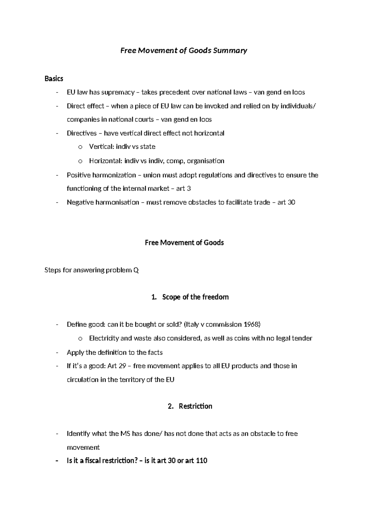 EU Law (Final Exam): Summary of Free Movement of Goods Principles ...