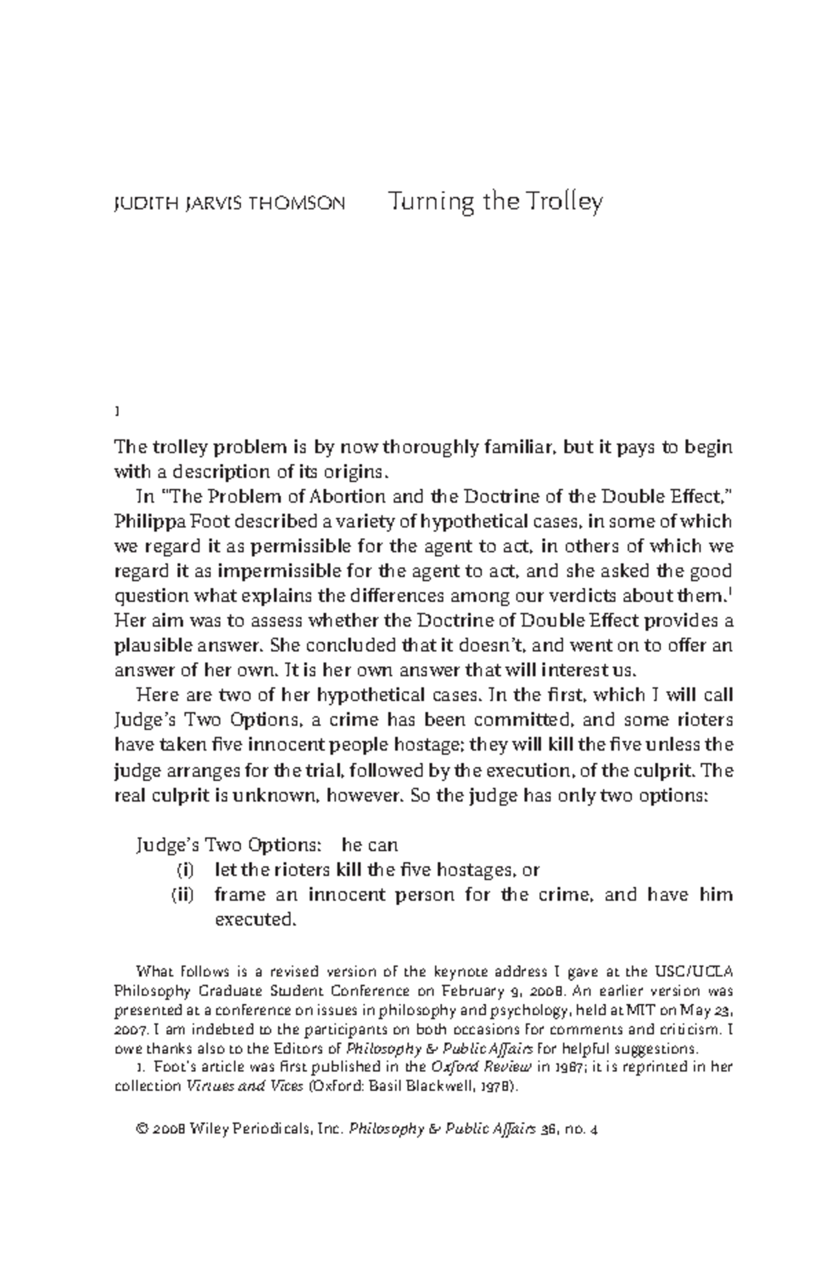 Week 4 Essay Notes: Judith Jarvis Thomson's Trolley Problem Analysis ...