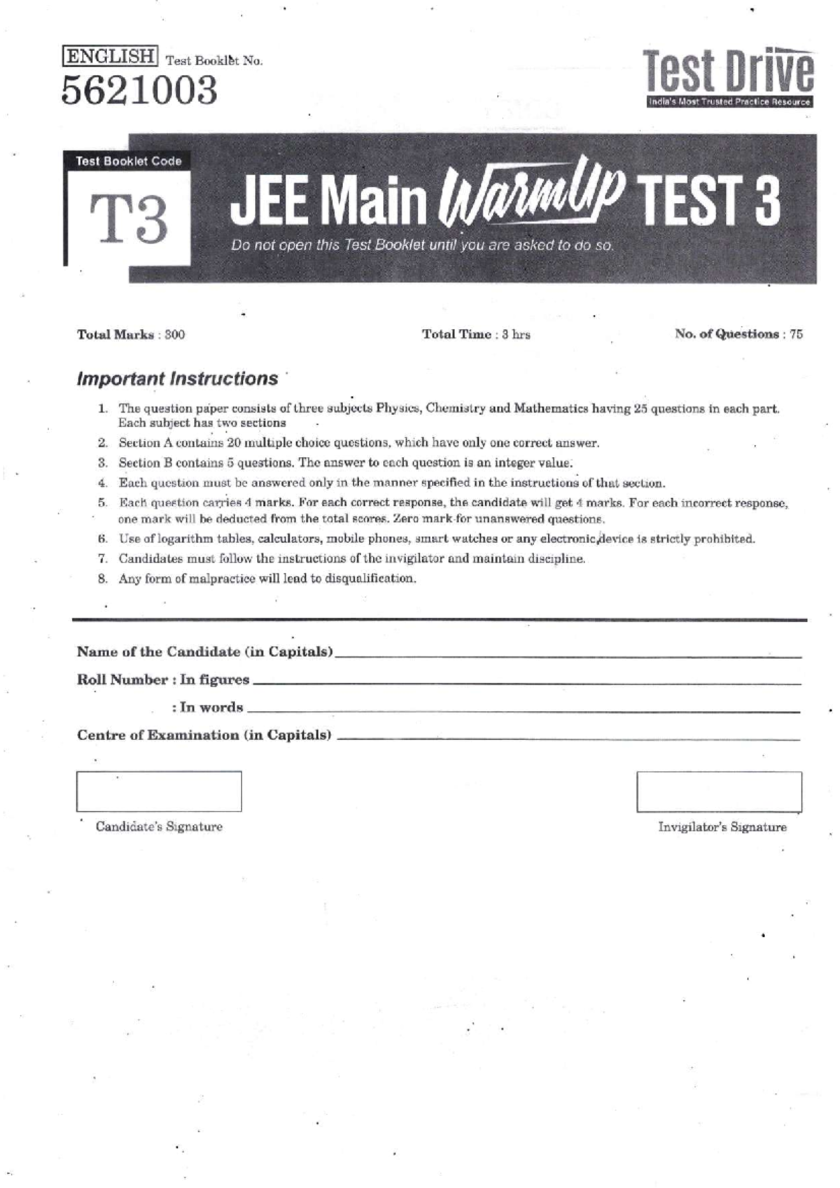 JEE Main WarmUp TEST 3 - Comprehensive Practice Booklet - Studocu