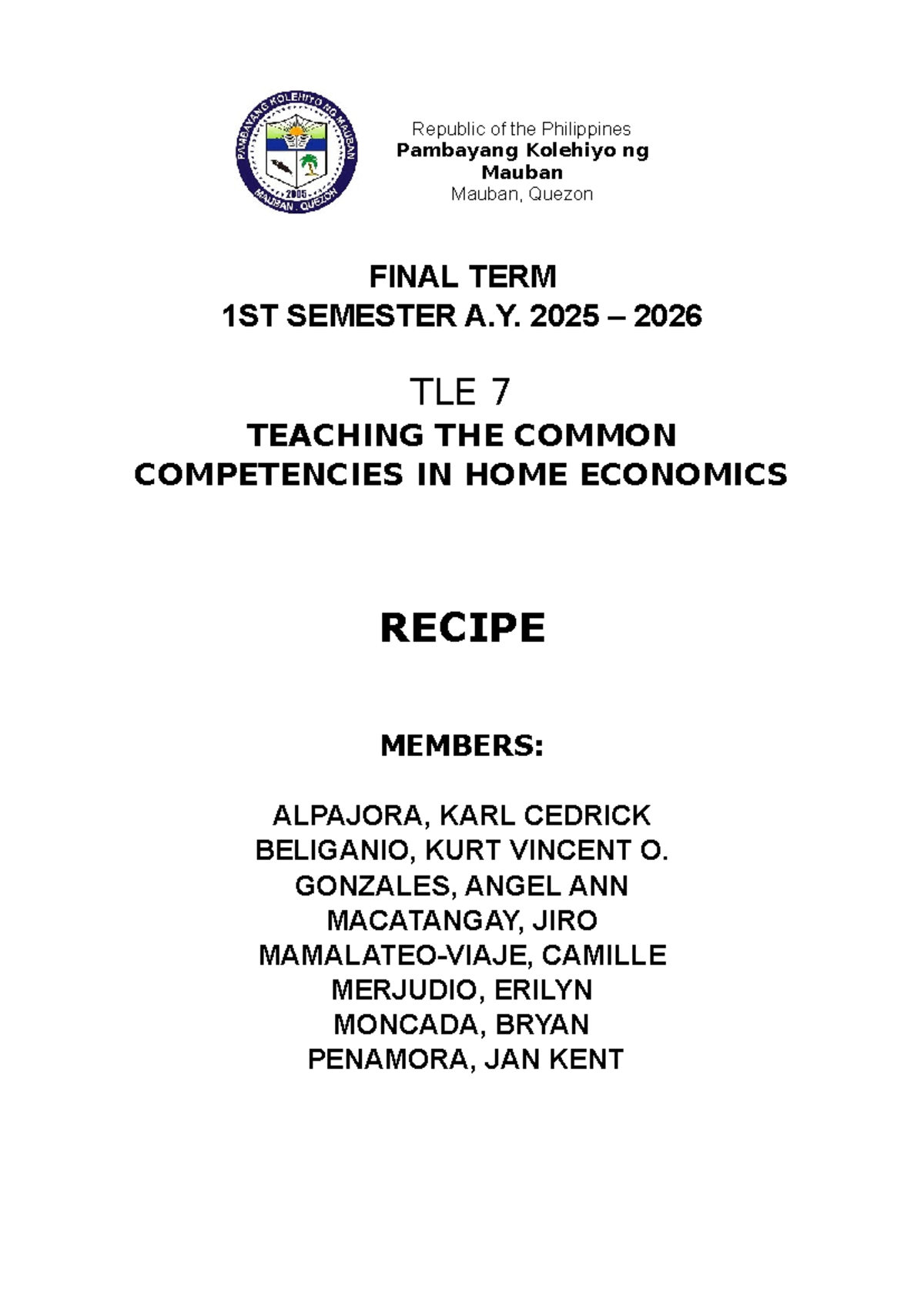 TLE 7 Final Exam: Home Economics Recipes for Fiesta Theme - Studocu