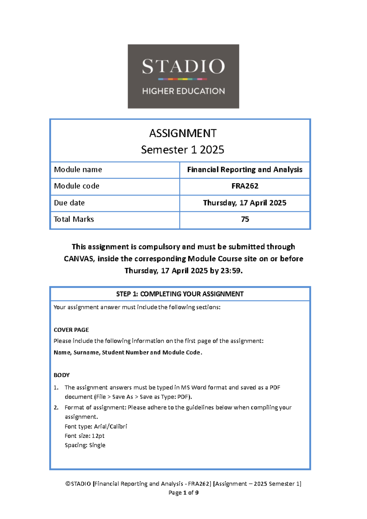 FRA262 Assignment: Financial Reporting & Analysis Guidelines S1 2025 ...