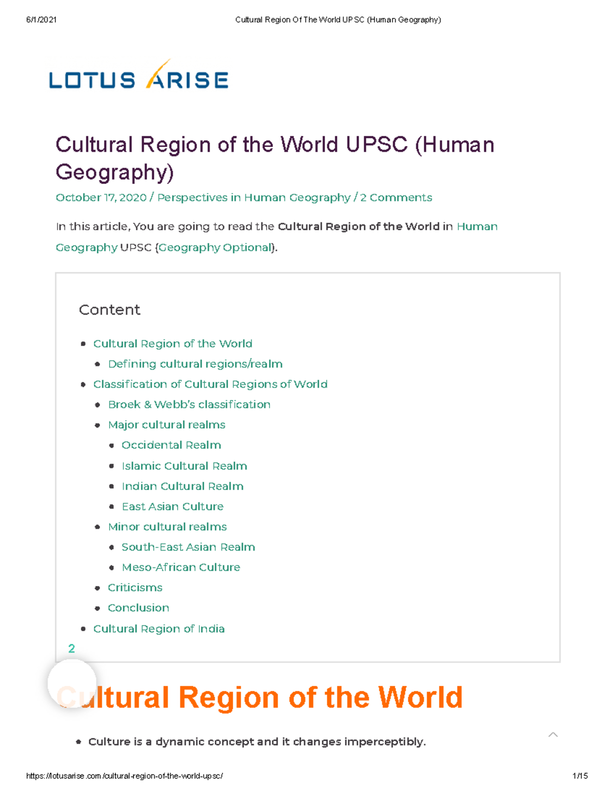 Cultural Regions Of The World Upsc Geography Optional