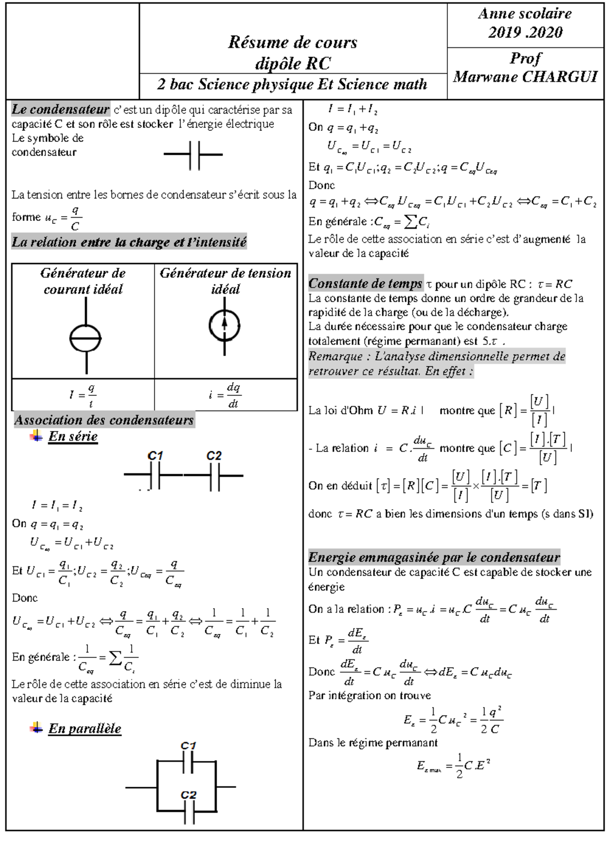 Dipole rc resume de cours 1 1 - Résume de cours dipôle RC Anne scolaire ...