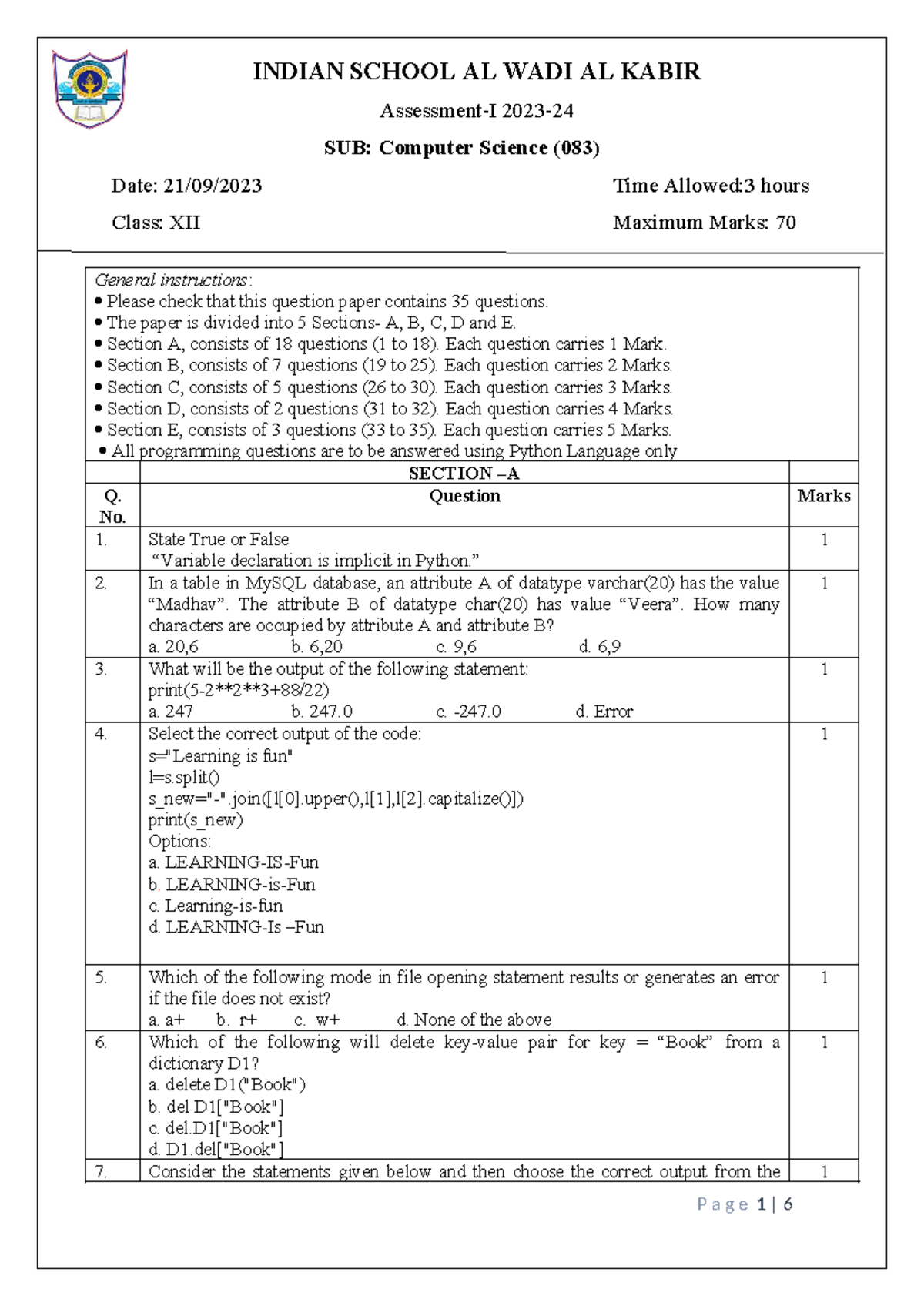 Class 12 Computer Science (083) A1 Exam Paper 2023-24 - Studocu