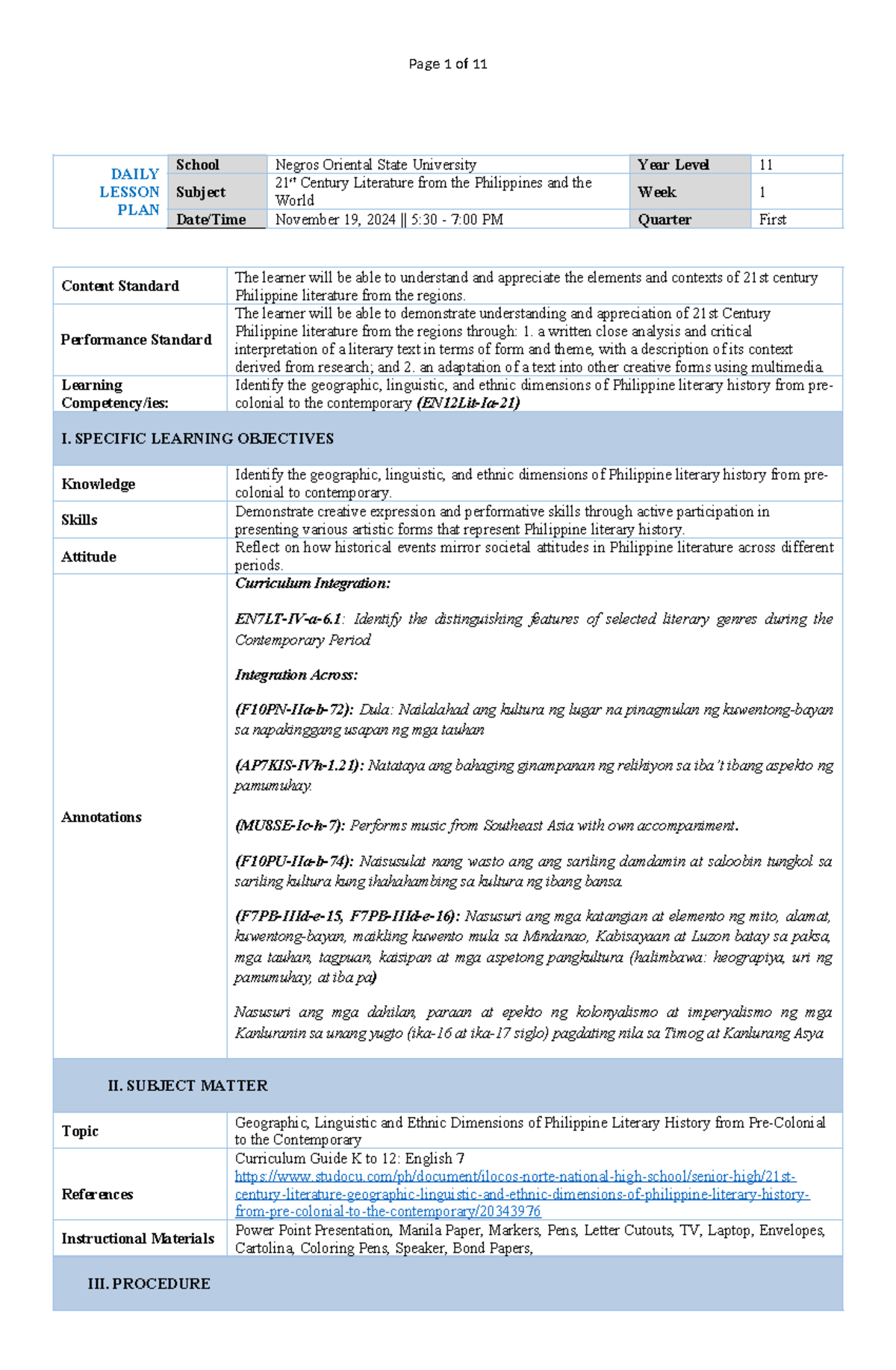 21st Century Lit. Q1 - Lesson 1 - DAILY LESSON PLAN School Negros ...