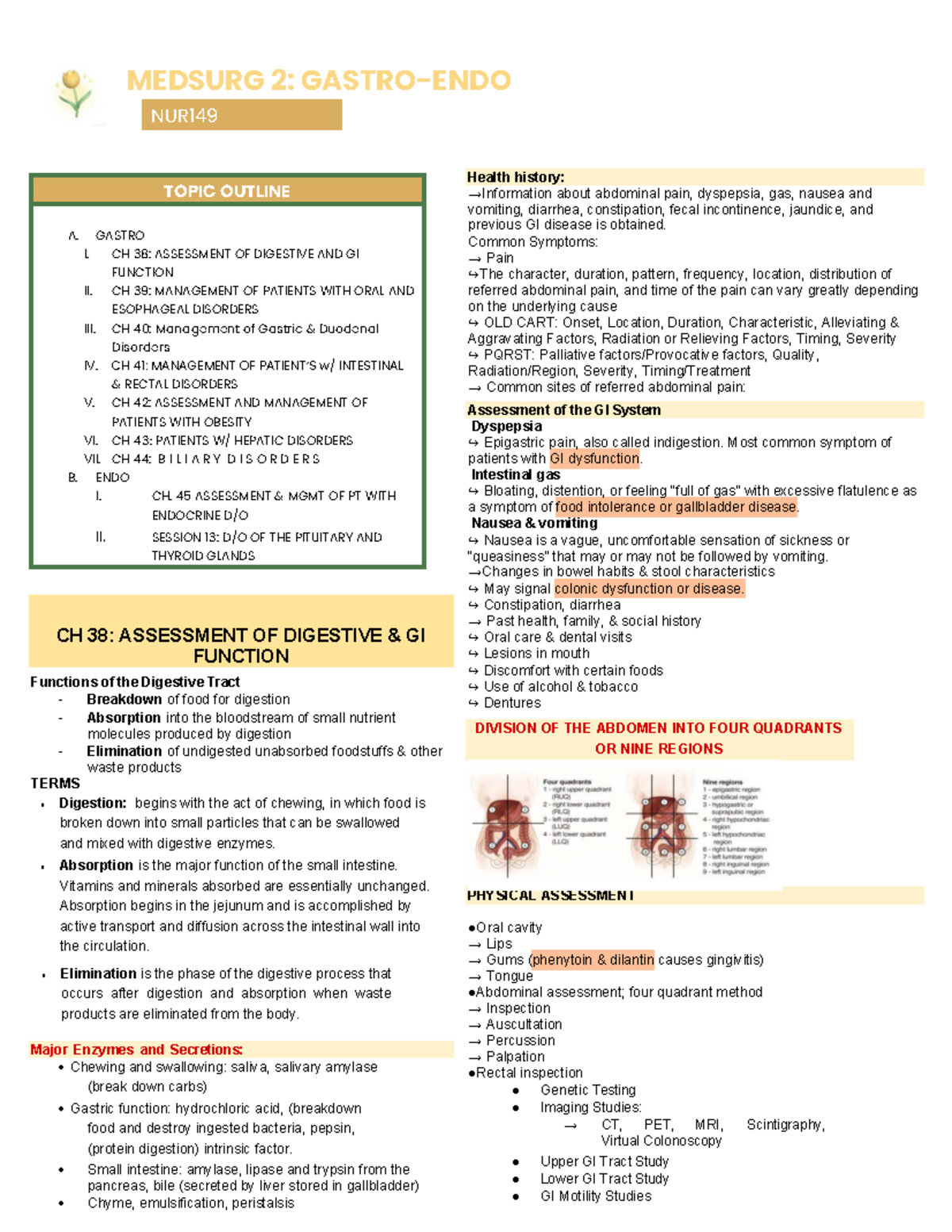 NUR 149: MEDSURG 2 GASTROENTEROLOGY TOPIC OUTLINE AND MANAGEMENT NOTES ...