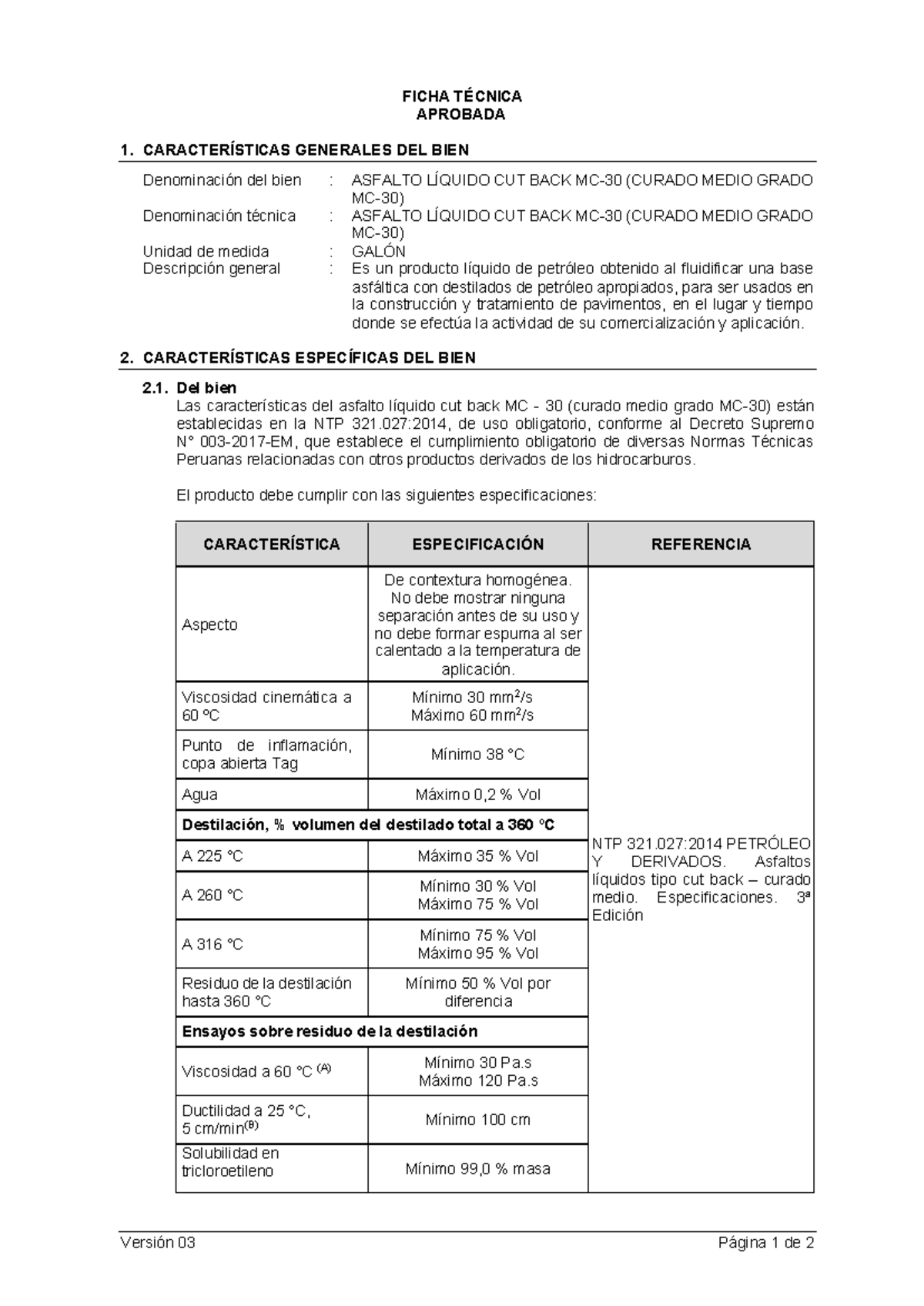 Ficha Técnica Asfalto Líquido CUT BACK MC-30 (Curado Medio Grado) - Studocu