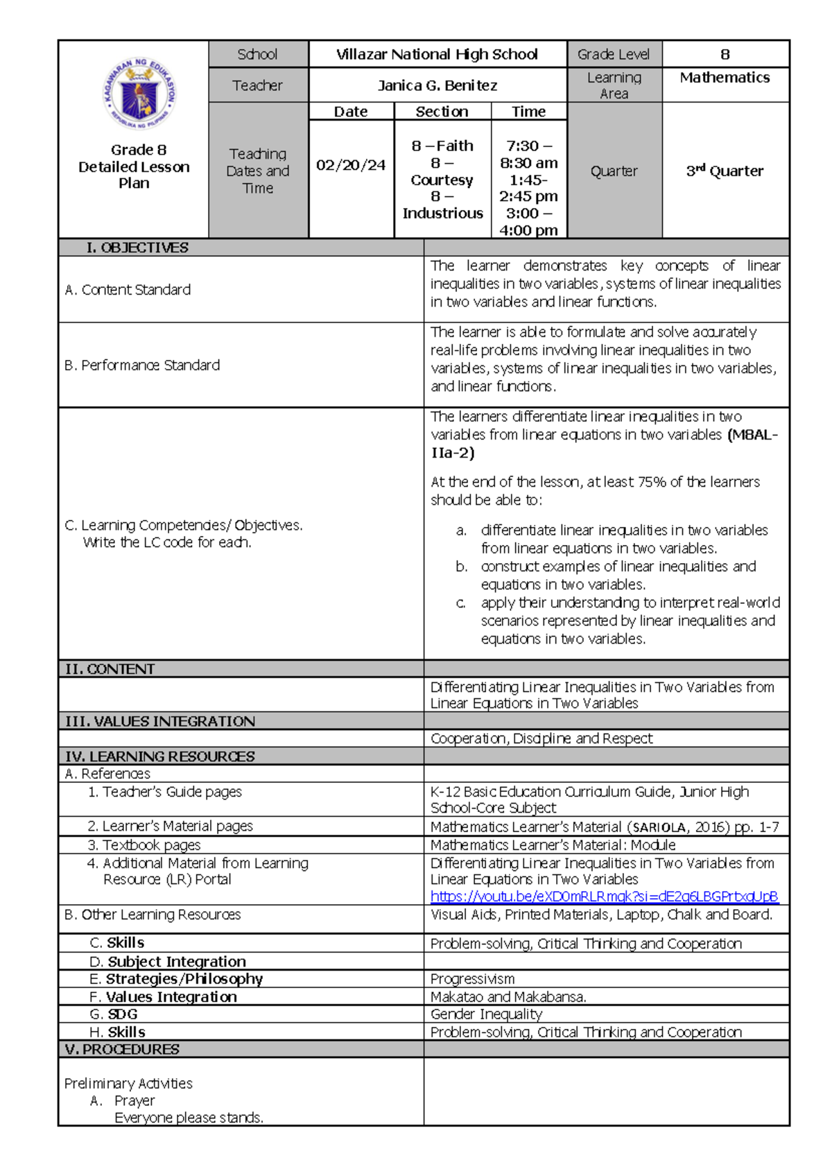 DLP-Mathematics: Differentiating Linear Inequalities & Equations (Grade 8) - Studocu