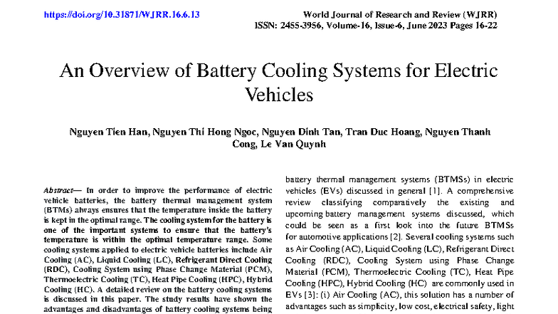 An Overview of Battery Cooling Systems for Electric Vehicles (WJRR ...