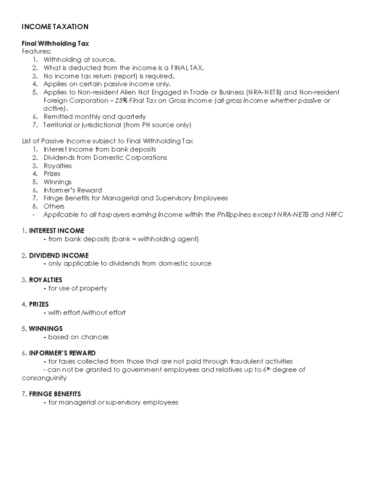 004 - Final Taxes: Withholding Tax Features and Rates - Studocu