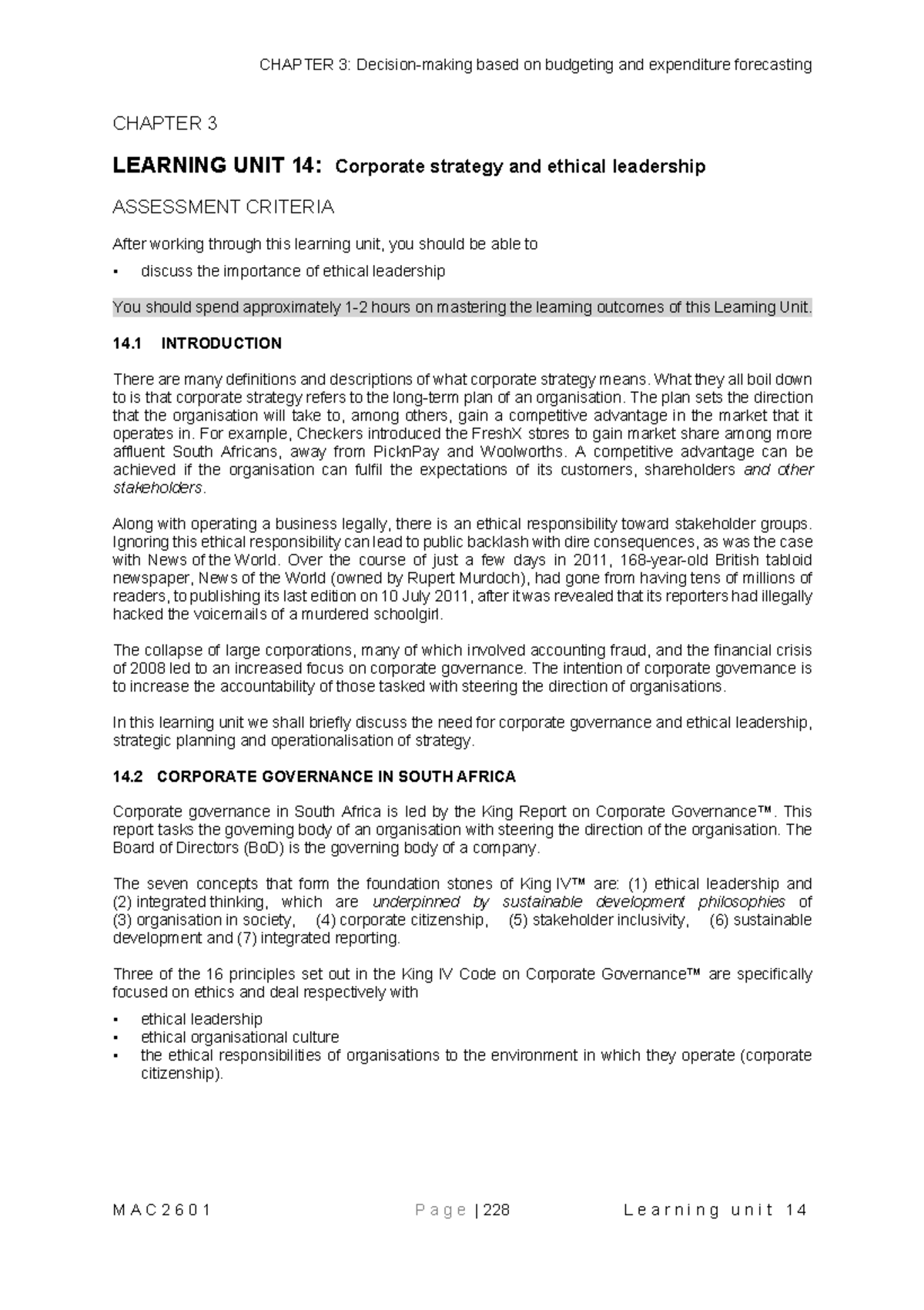 MAC2601 Learning UNIT 14 - CHAPTER 3 LEARNING UNIT 14: Corporate ...