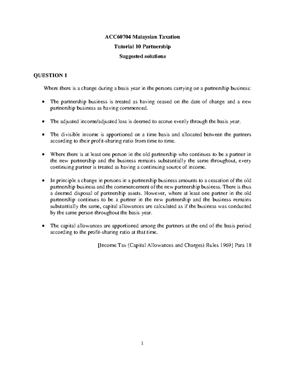 Tutorial 10 Partnership S - ACC60704 Malaysian Taxation Tutorial 10 ...