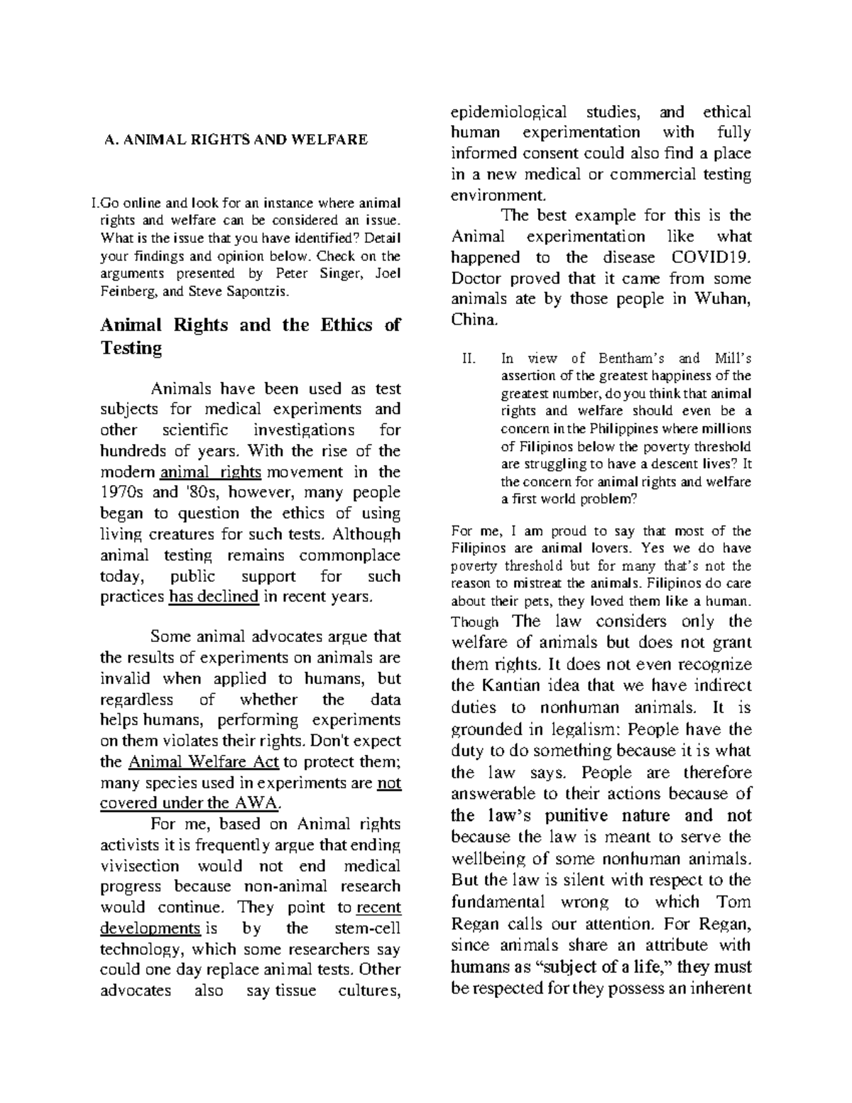 Ethics of Animal Welfare: Analyzing Rights and Testing Issues - Studocu