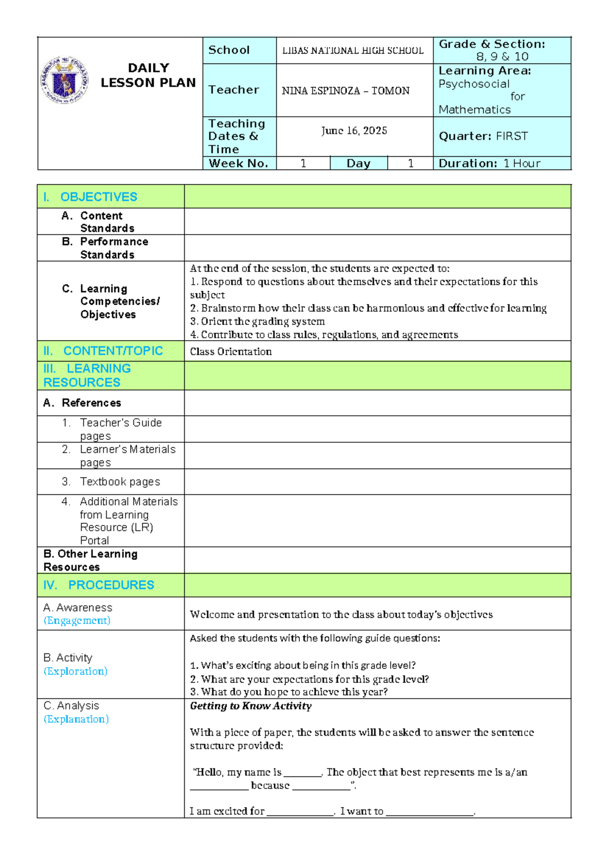 Psychosocial LP - Daily Lesson Plan for Grade 8 & 9 - Studocu