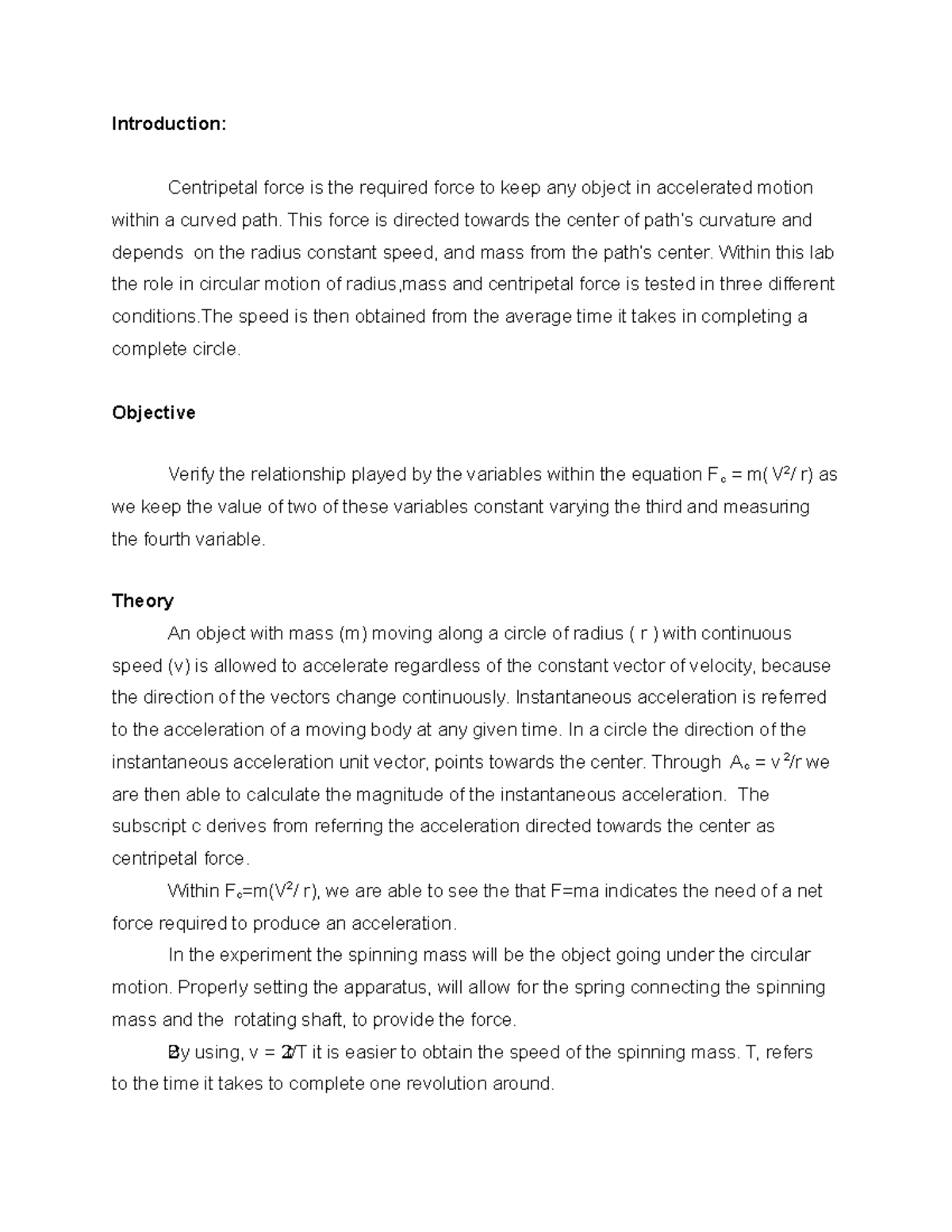 Physics Lab Report - CENTRIPETAL FORCE - Introduction: Centripetal ...