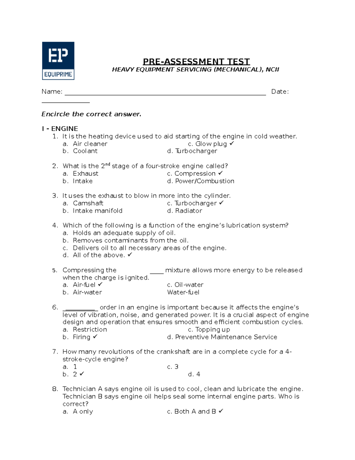 Answer Key - Prior knowledge check before assessment - PRE-ASSESSMENT ...
