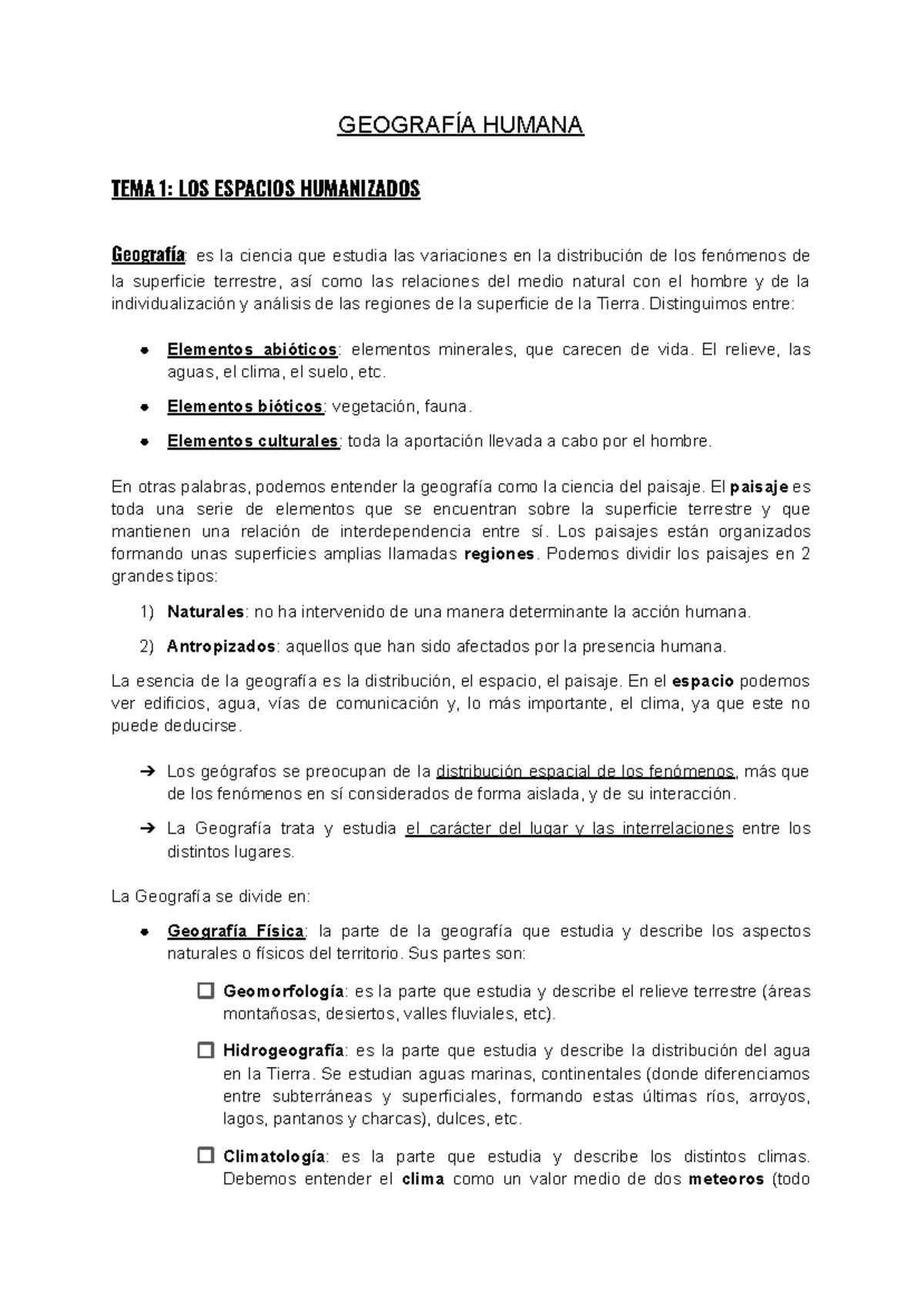 GEOGRAFÍA HUMANA TEMA 1: LOS ESPACIOS HUMANIZADOS Y SU ANÁLISIS - Studocu