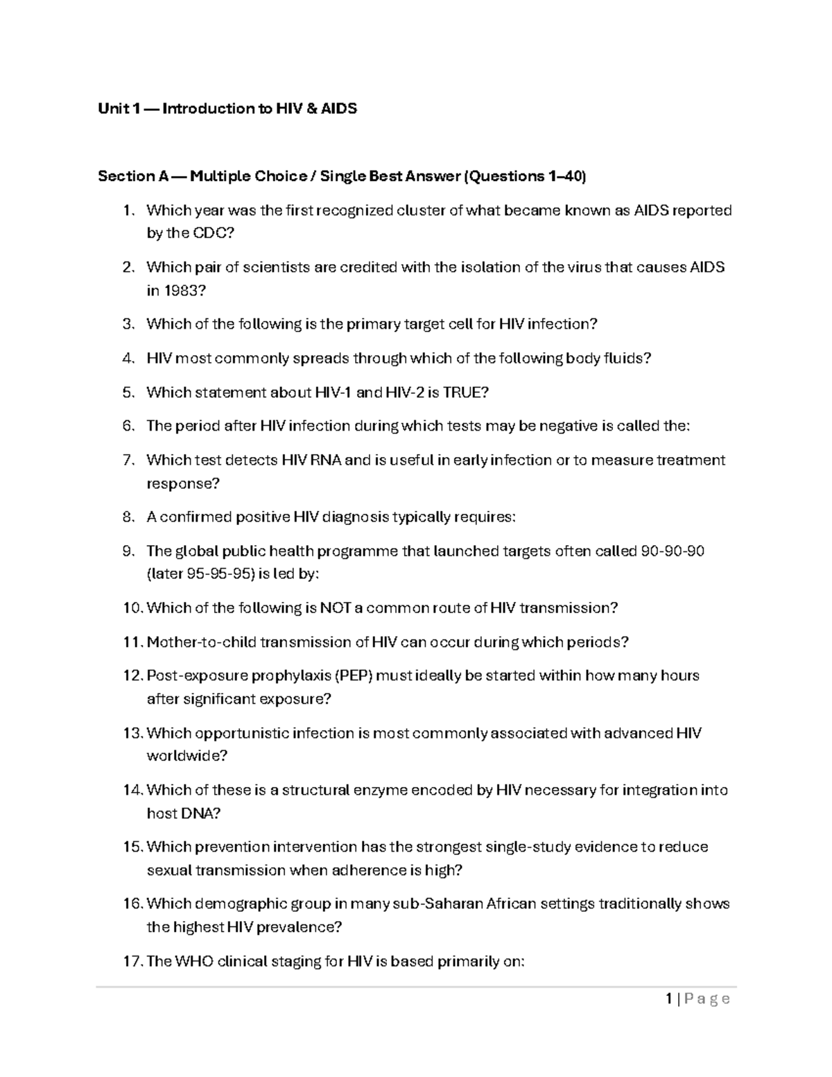 Complete HIV & AIDS Exam-Proof Question Bank (Unit 1-4) - Studocu