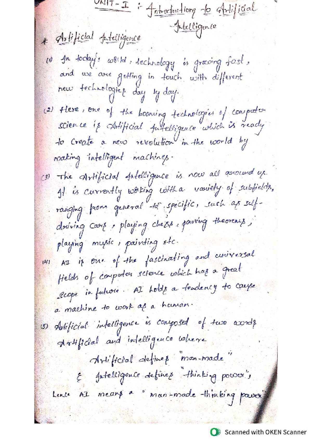 AI UNIT I - Introduction to Artificial Intelligence Notes - Studocu