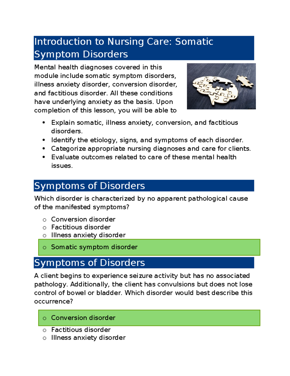 Week 3 - Nursing Care Lesson: Somatic Symptom Disorders Overview - Studocu