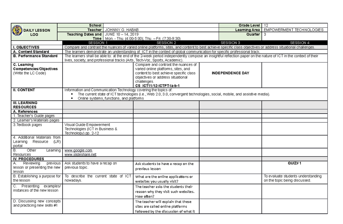Empowerment Tech Lesson Plan for Week 2 (June 10-14, 2019) - Studocu