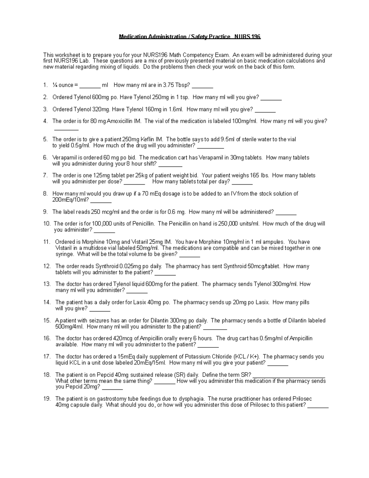 Medication Administration Practice Worksheet for NURS 196 Exam - Studocu