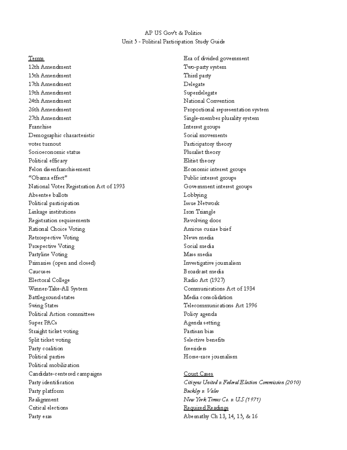 AP US Gov’t & Politics Unit 5: Political Participation Study Guide ...
