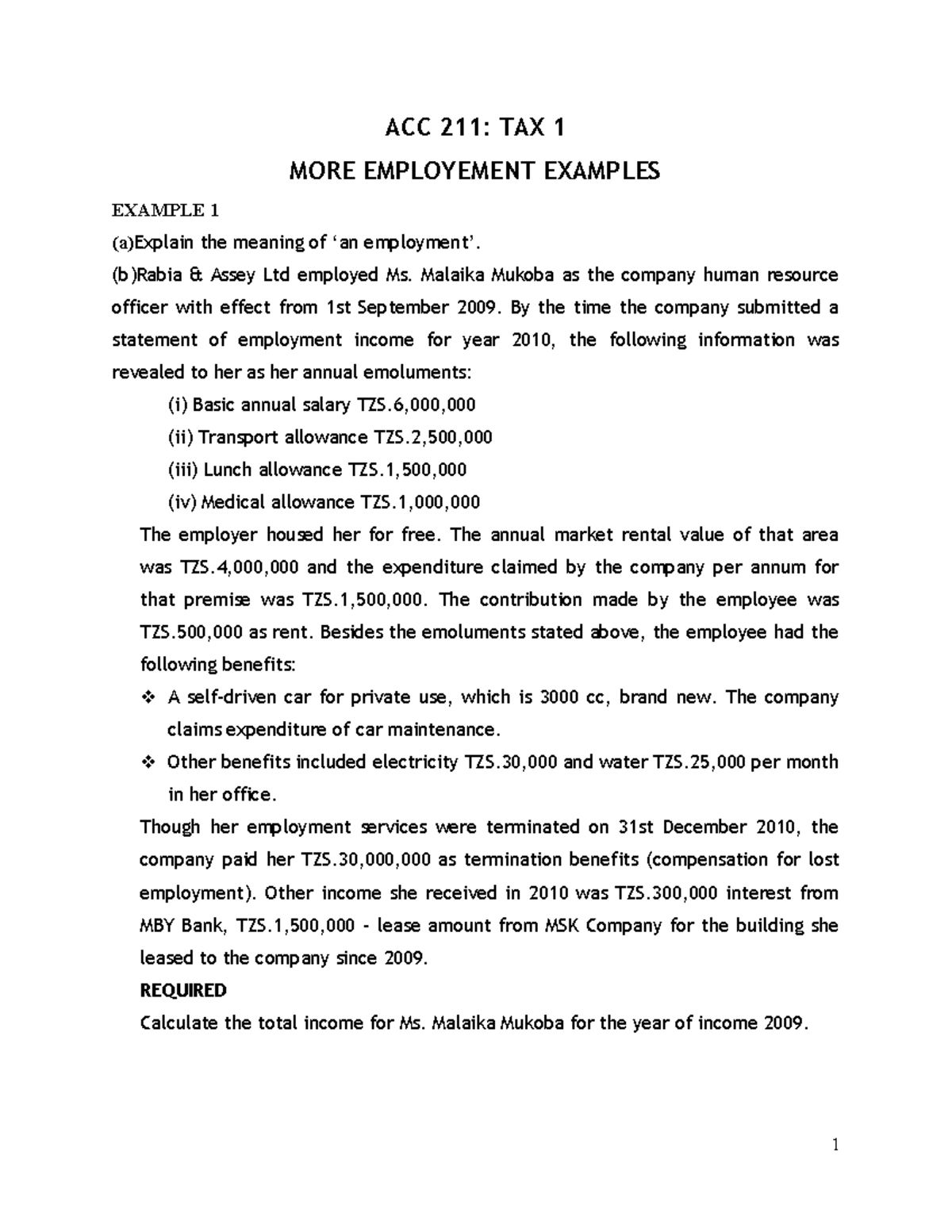 ACC 211: Examples of Employment Income - Tax Calculations and Scenarios ...