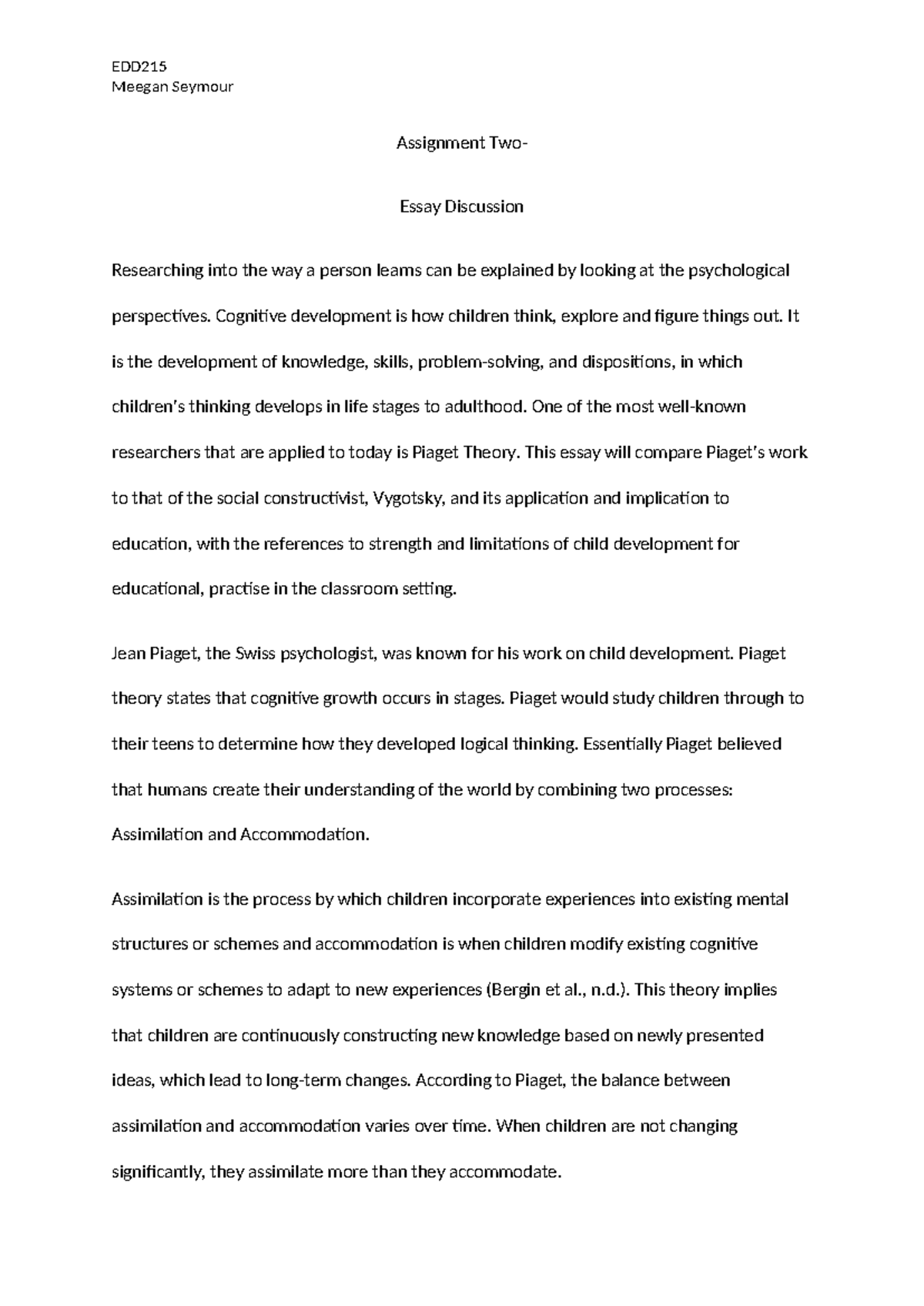 EDD215 - Essay Notes on Piaget and Vygotsky’s Cognitive Development ...