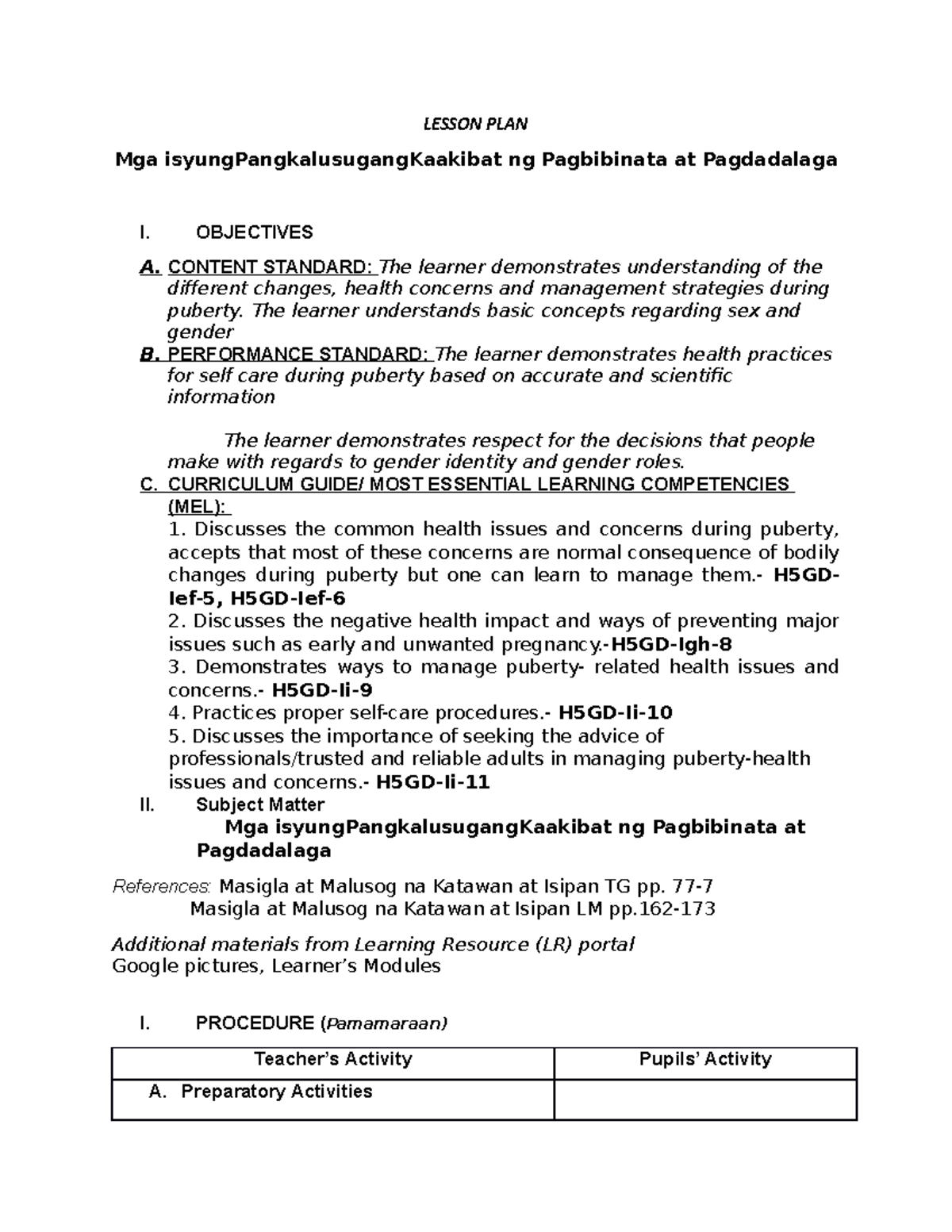 Lesson Plan: Pagbibinata at Pagdadalaga sa Kalusugan at Pamamahala ...