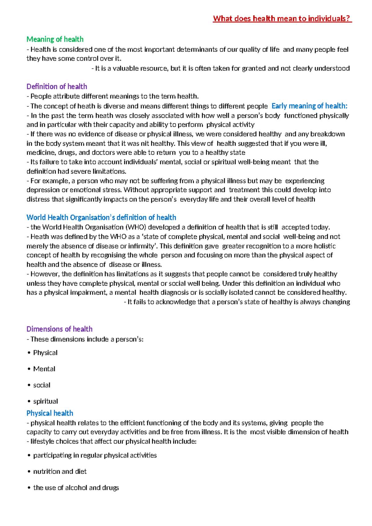 Core 1 Better Health for Individuals Summary Notes - What does health ...