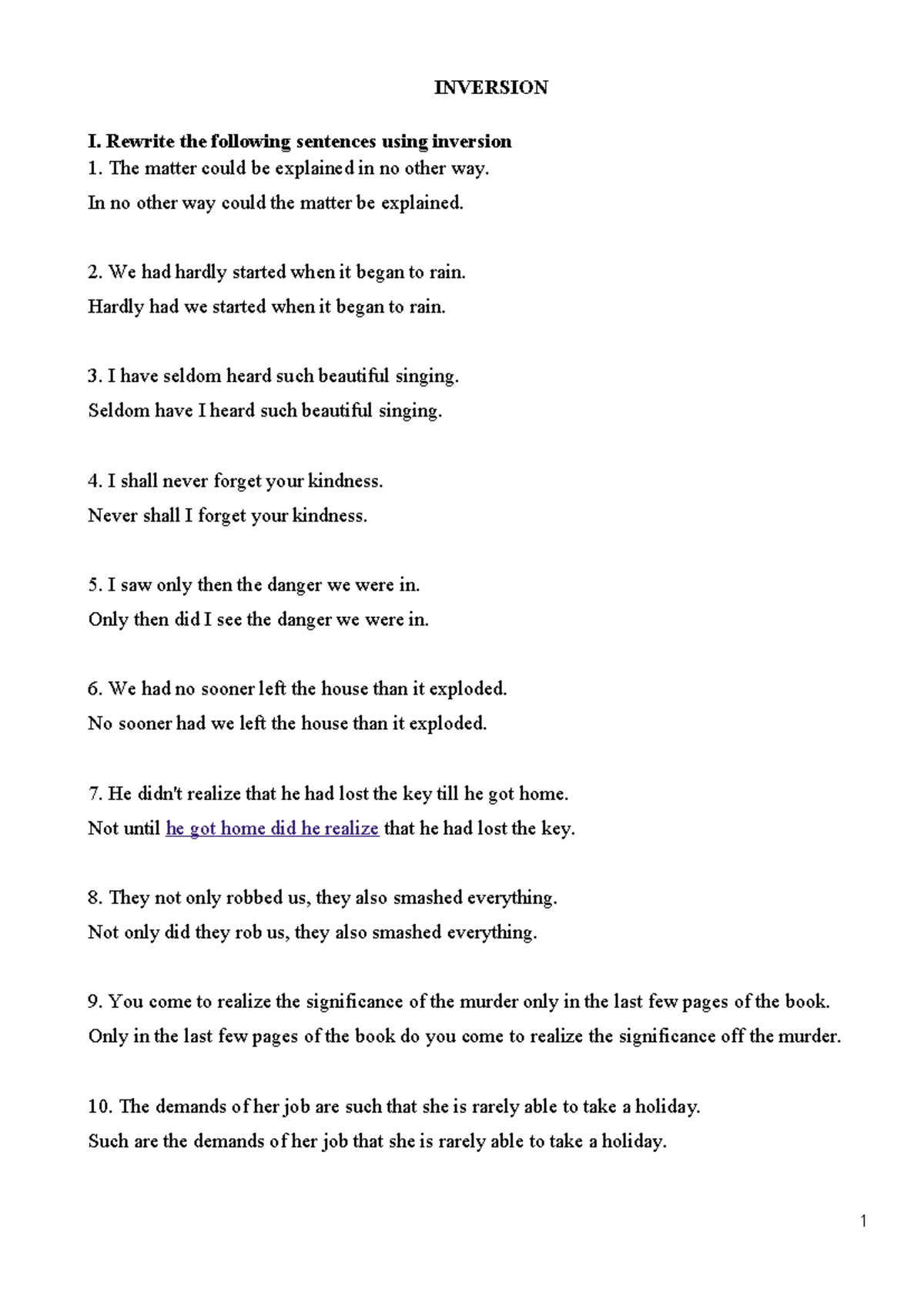 Inversion Exercises for English Grammar - Studocu