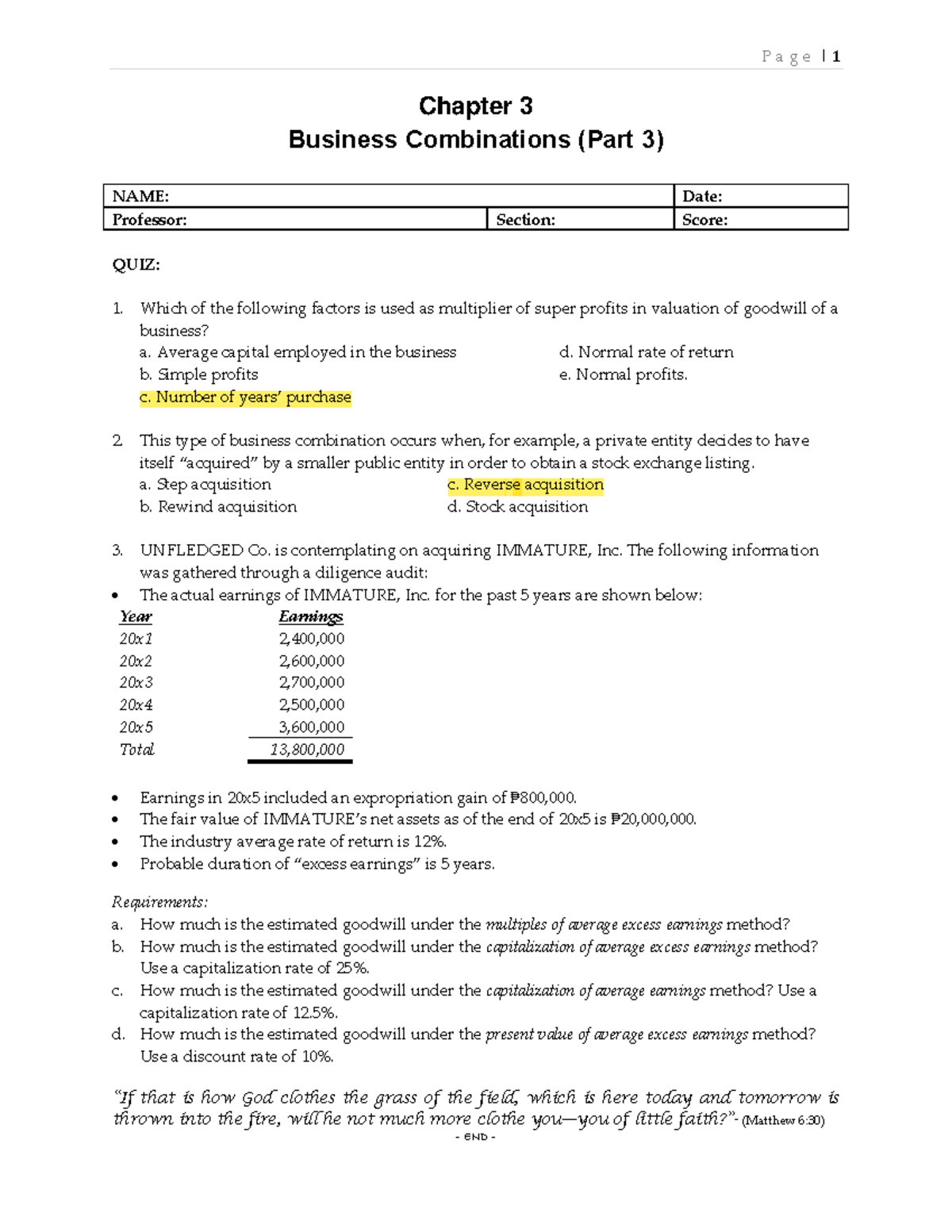 QUIZ: Business Combinations - Chapter 3 (Part 3) Insights and Exercises ...