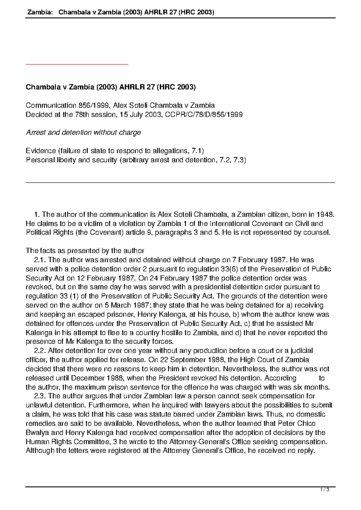 Chambala v Zambia (2003) AHRLR 27: Case Analysis on Arbitrary Detention ...