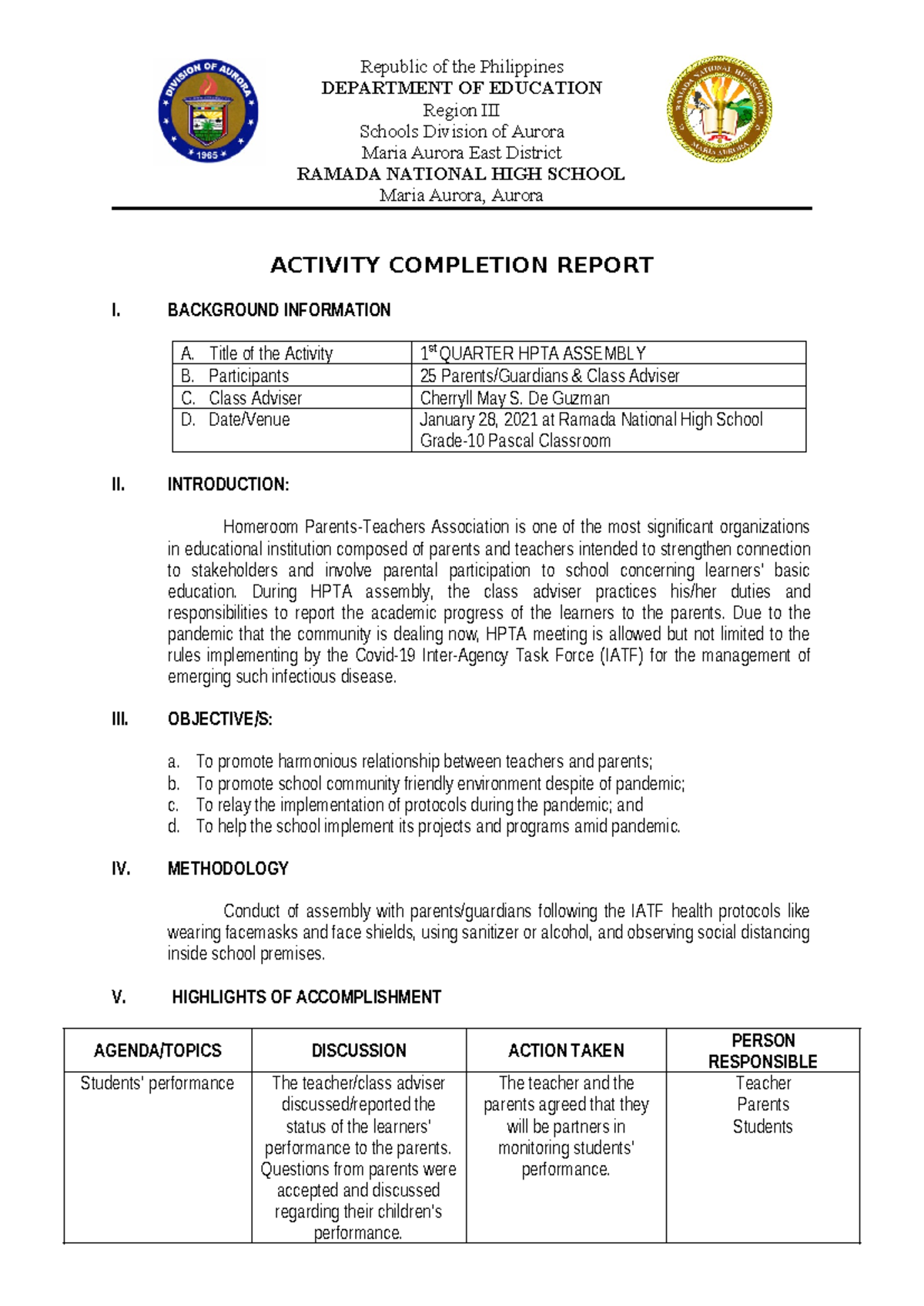 HPTA- Activity Completion Report for 1st Quarter Assembly 10-Pascal - Studocu
