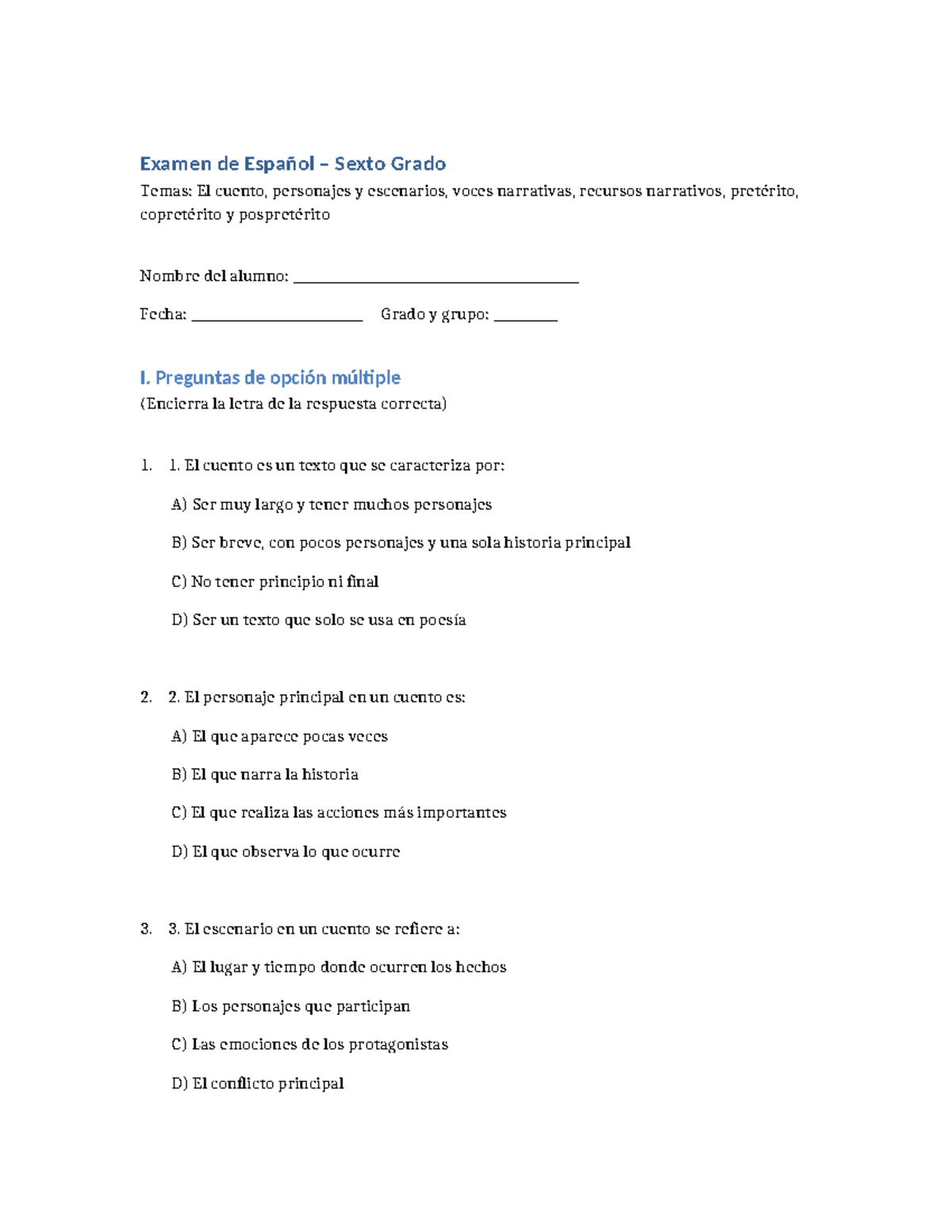 Examen de Español Sexto Grado: Cuento y Recursos Narrativos - Studocu