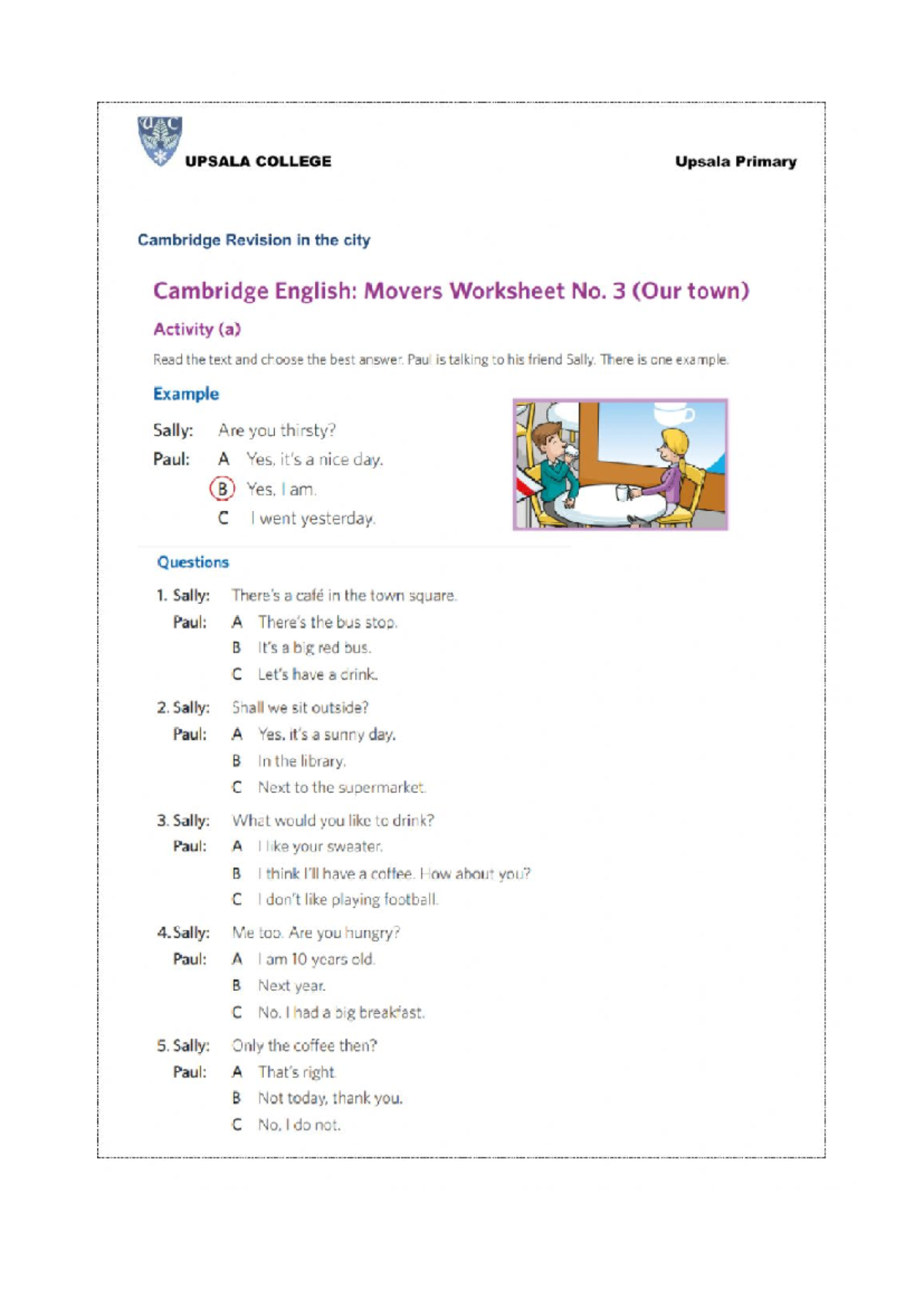UPSALA COLLEGE Cambridge English Movers Worksheet No. 3 - Revision ...