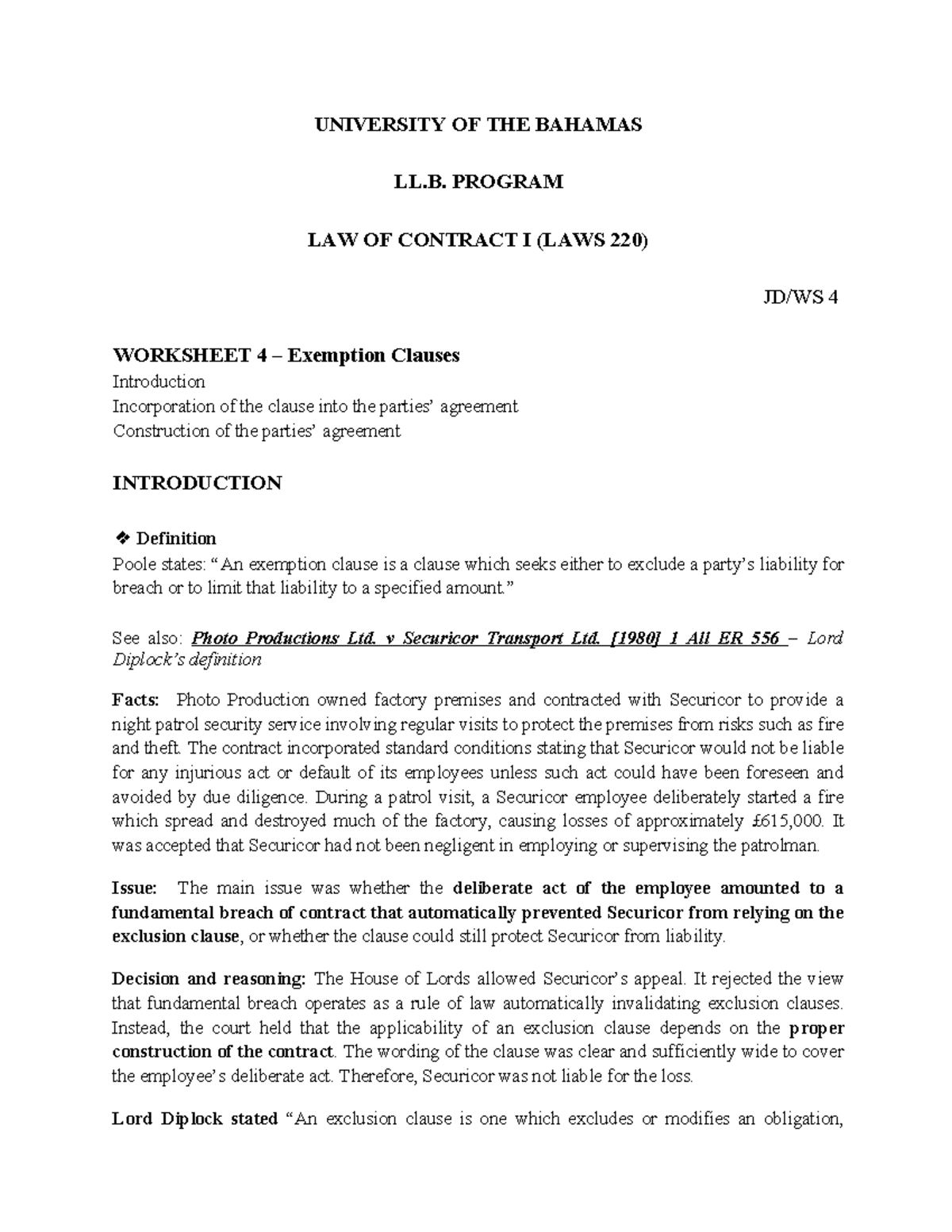 Worksheet 4 - Exemption Clauses in Law of Contract I (LAWS 220) - Studocu